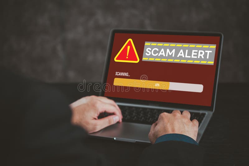 Laptop Screen Displaying Scam Alert Warning. Highlights Cybersecurity ...