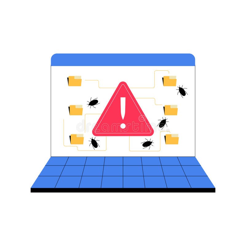 Laptop with Warning Icon and Bugs in Flat Vector Illustration ...
