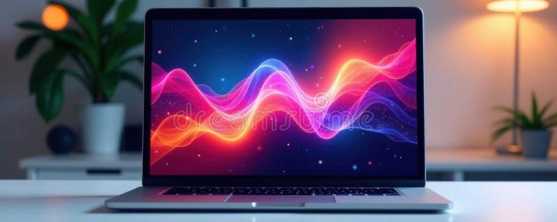Laptop Screen Displays Abstract Waveform Visuals, Signal, Electronic ...