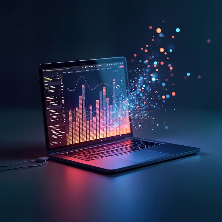 Laptop Screen Displays Data Analysis with Flying Charts, Graphs. Modern Tech Device Showing ...