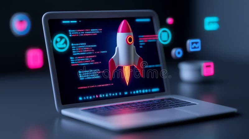 A Laptop Screen Displays a Digital Artwork of a Rocket Launch ...