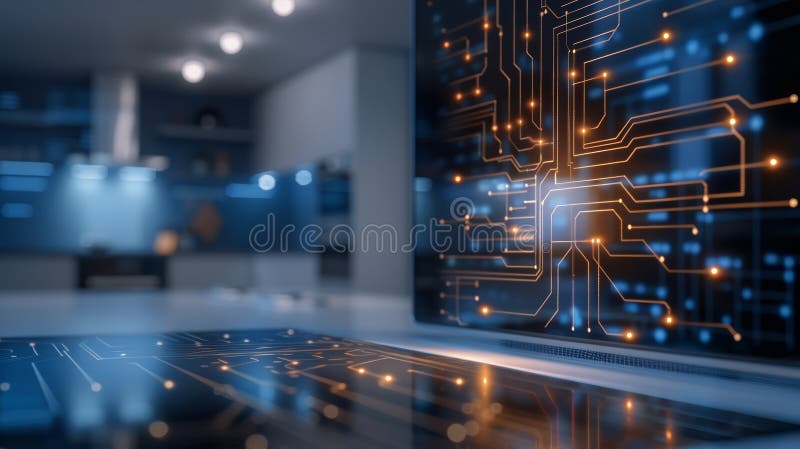 A Laptop Screen Displays a Futuristic Circuit Board with Glowing Lights ...