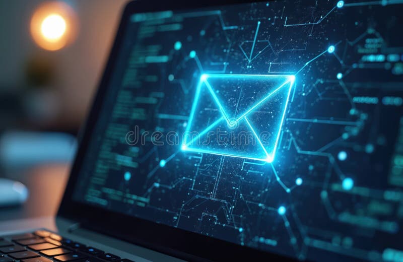 Laptop Screen Displays Glowing Digital Email Icon. Concept of Online ...
