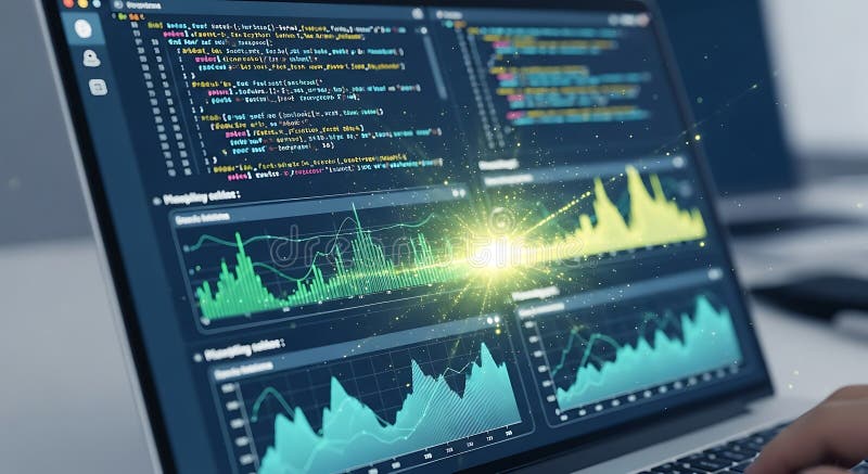 A Laptop Screen Displays Multiple Data Analysis Charts and Lines of Code. Colorful Stock ...