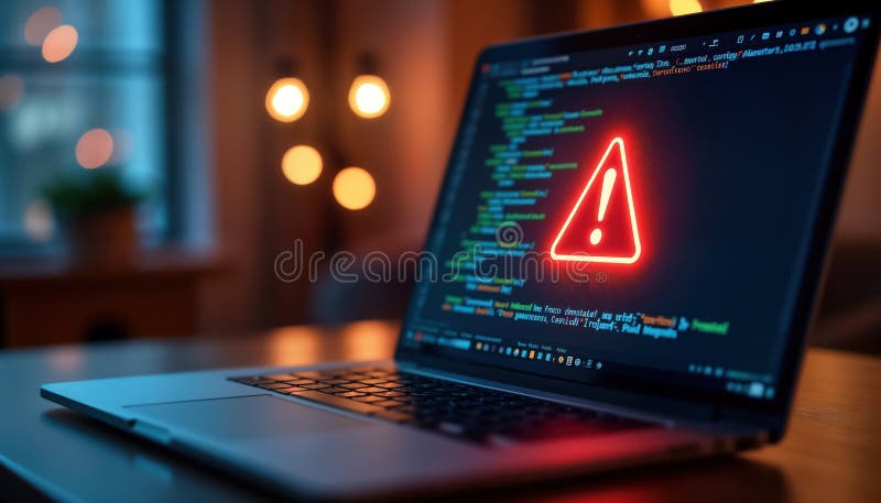 Laptop Screen Displays Security Warning. Red Alert Icon Appears on Dark ...