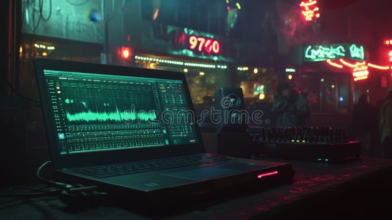 The Laptop Screen Displays a Visual Representation of Sound Waves Stock ...