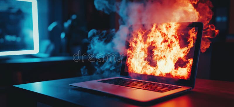 Laptop Screen Engulfed Flames Smoke Dramatic Visual Technology Failure ...