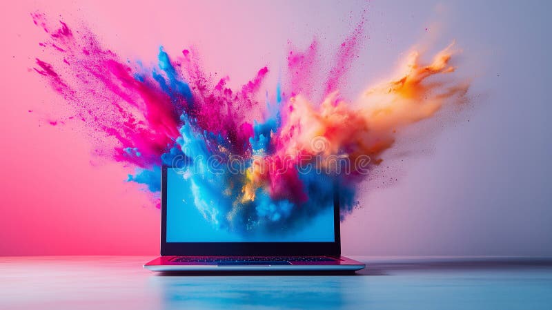 Laptop Screen Erupts with Vibrant Clouds of Multicolored Smoke ...
