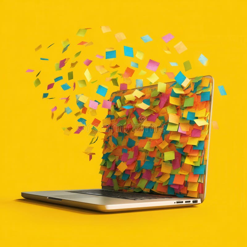 Laptop Screen Exploding with Colorful Sticky Notes on Yellow Background ...