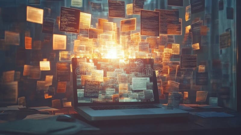 Laptop Screen Overwhelmed by Flying Code Snippets Stock Image - Image ...