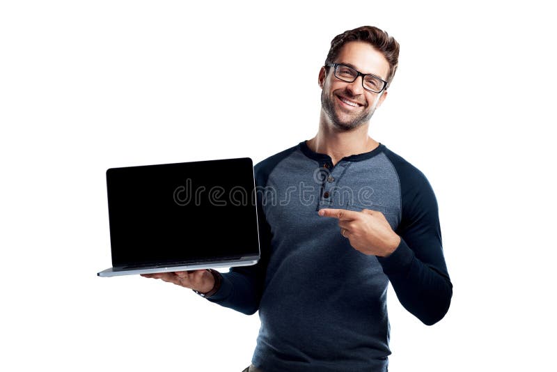 Laptop, Screen and Portrait of Man in Studio for Erp Promo, Software ...