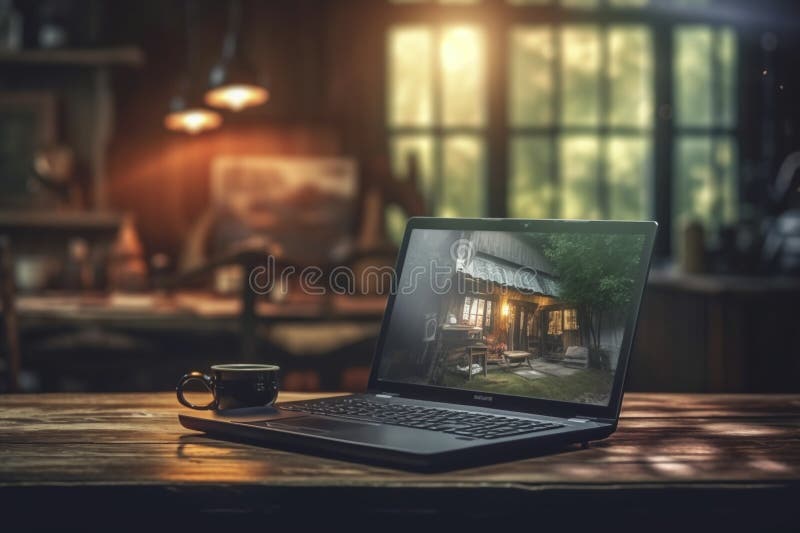 Laptop Screen Reflecting Warm Light in a Cozy, Rustic Workshop Filled ...
