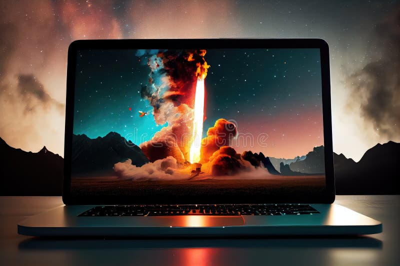 Laptop Screen with Rocket Blasting Off into the Night Sky in Peaceful ...