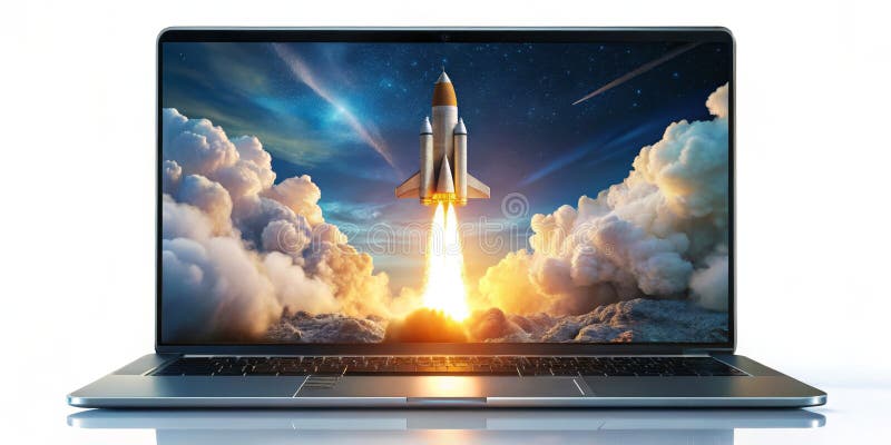 Laptop Screen Rocket Launch Space Exploration Concept Stock ...
