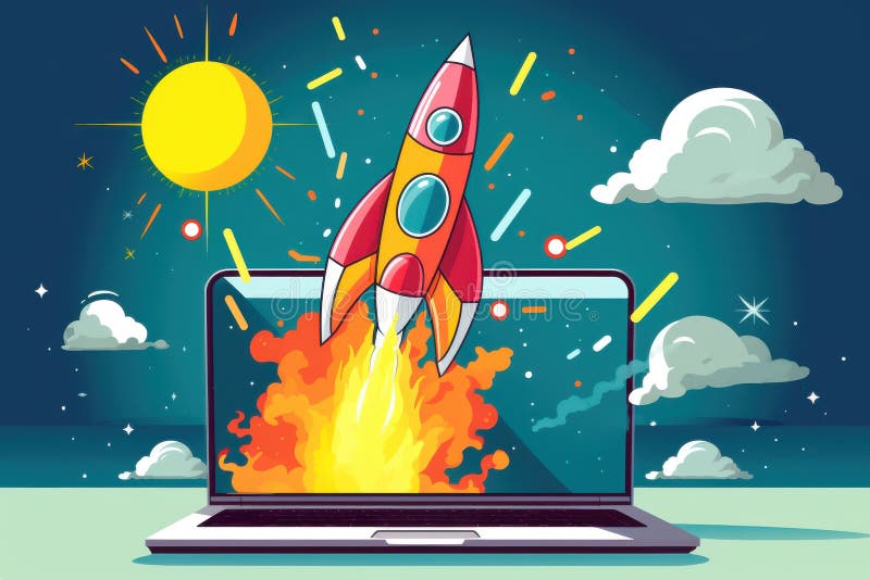Laptop Screen Rocket Launch Startup Success Business Technology Red Sky ...