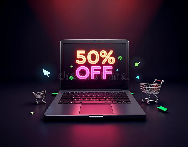 A Laptop Screen that Says 50 Percent Off on it on a Dark Gradient ...