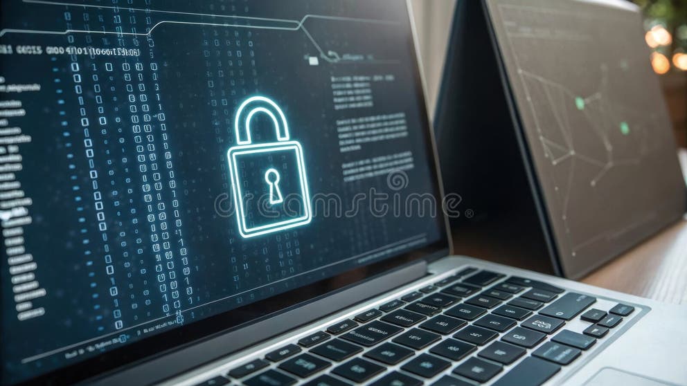 Laptop Screen Showing Digital Lock Binary Code Padlock Stock Illustration - Illustration of ...