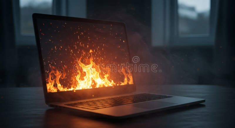 Laptop Screen Showing Flames Represents Burnout or Technological ...