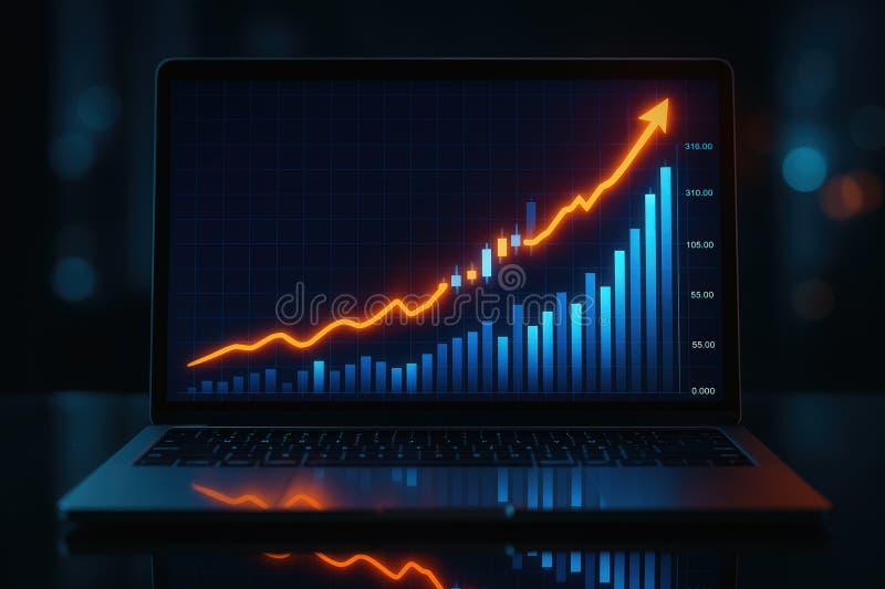Laptop Screen Showing Increasing Bar and Line Graphs, Symbolizing Data ...