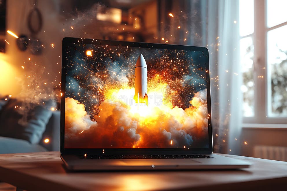 Laptop Screen Showing Rocket Launch Explosion, Startup Success Concept ...