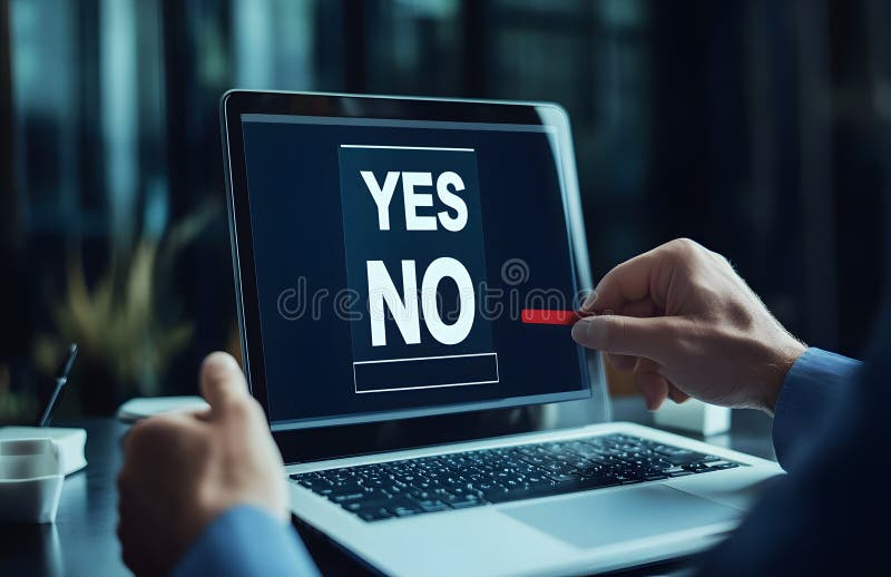 Laptop Screen Showing Yes No Choice, Man Making Decision Stock ...