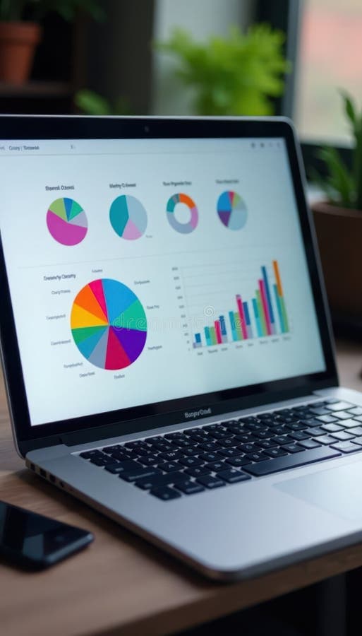 Laptop Screen Shows Colorful Pie Chart Data Analysis, Financial, Strategy Stock Illustration ...
