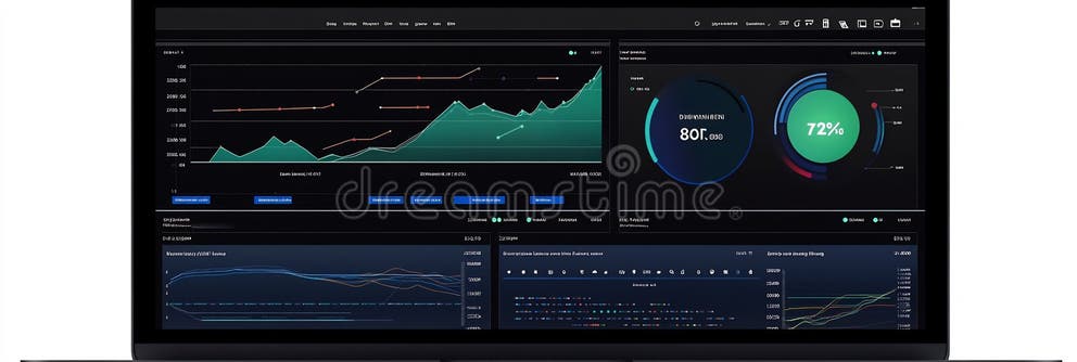 Laptop Screen Displaying Data Analytics with Graphs and Circular Indicators Stock Illustration ...