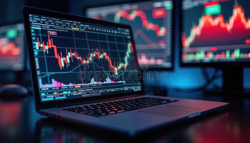Laptop Screen Shows Dynamic Stock Market Data. Charts Display Trending ... Laptop Screen Shows Dynamic Stock Market Data. Charts Display Trending ...