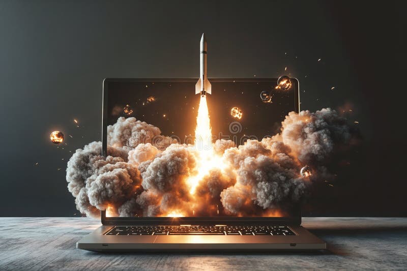 Laptop Displaying Rocket Launch with Explosion and Clouds of Smoke ...