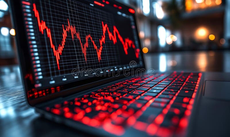 A Laptop Screen Shows a Graph with Red Lines and a Red Keyboard Stock ...