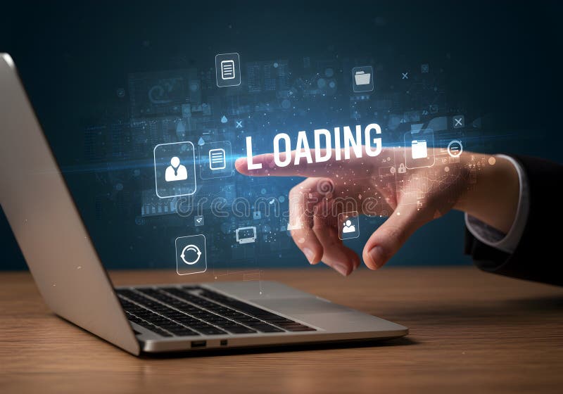 Loading Data on Laptop with Hand Touching Screen and Digital Icons for ...