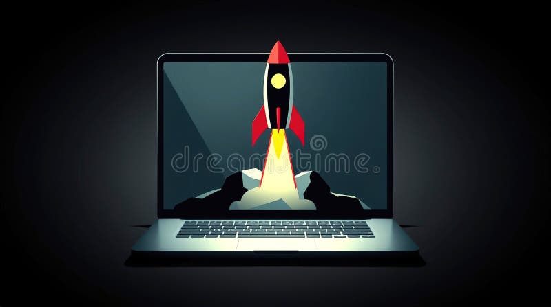 A Laptop Screen Shows a Rocket Launching into Space. the Rocket Exits ...