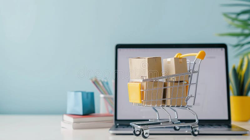 A Laptop Screen Shows a Shopping Cart Full of Boxes Stock Image - Image ...