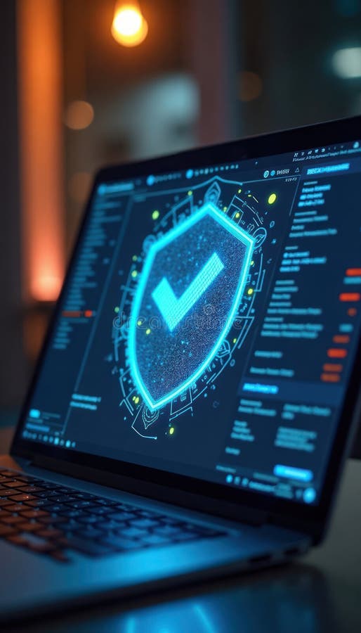 Laptop Screen Shows Tech Security Checkmark. Secure System Displays ...