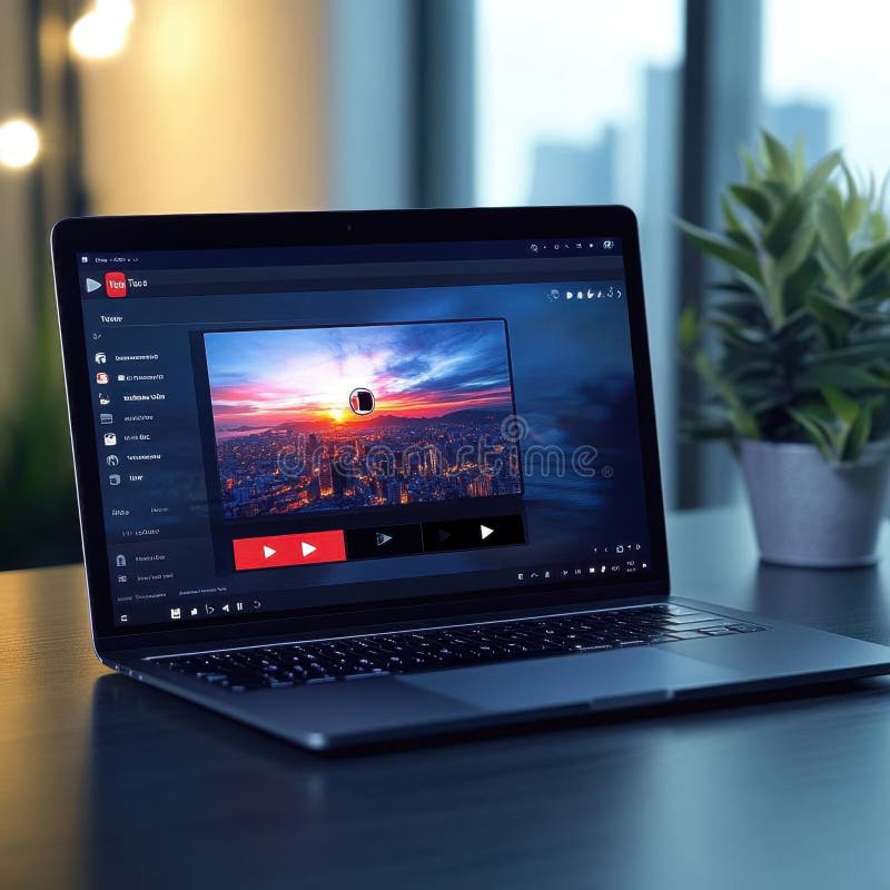 Laptop Screen with Video Player Displaying Sunset Cityscape Stock ...