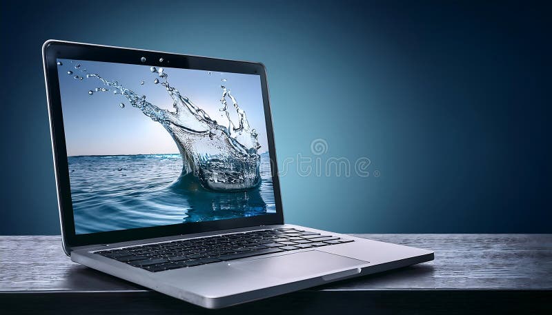 Laptop Screen with Water Splash, Global Warming Concept Stock ...