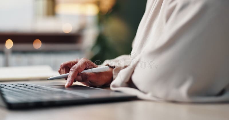 Laptop, Scroll and Hand with Pen in Office, Research and Analysis for ...