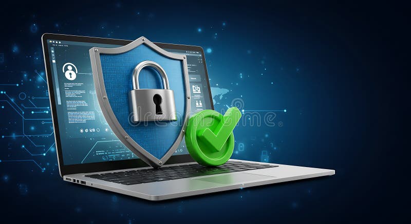 Laptop Security Concept with Shield, Padlock and Check Mark on Screen ...