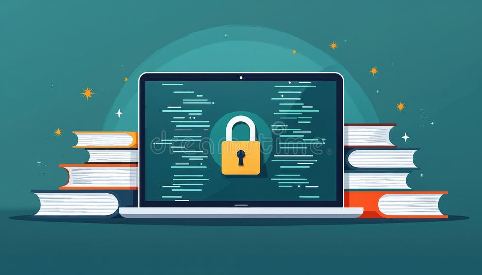 Laptop Security Lock Icon Displayed. Books, Documents Around Laptop ...