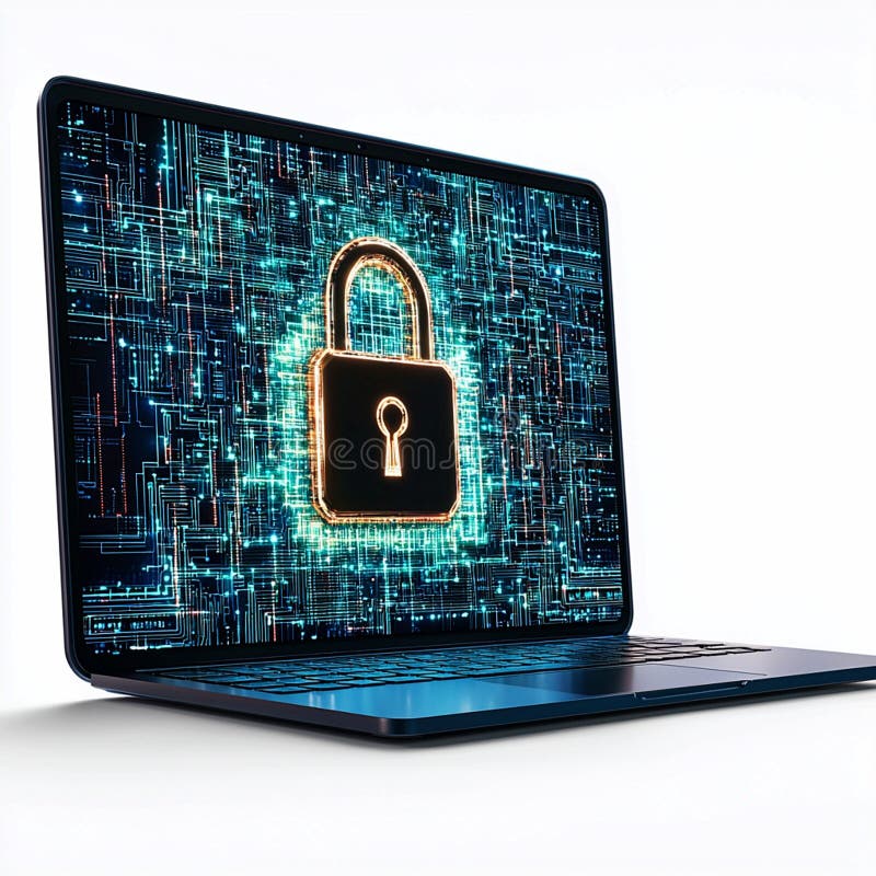 Laptop Security with Padlock Cyber Protection and Firewall Isolated on ...