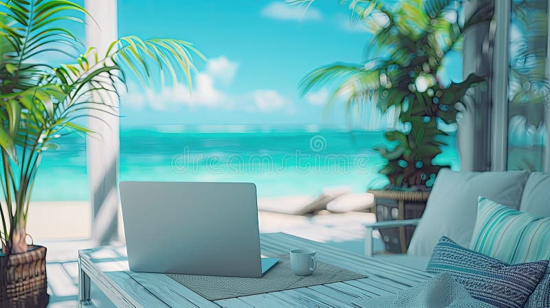 Laptop on a Serene Tropical Beach House Deck. Stock Image - Image of ...