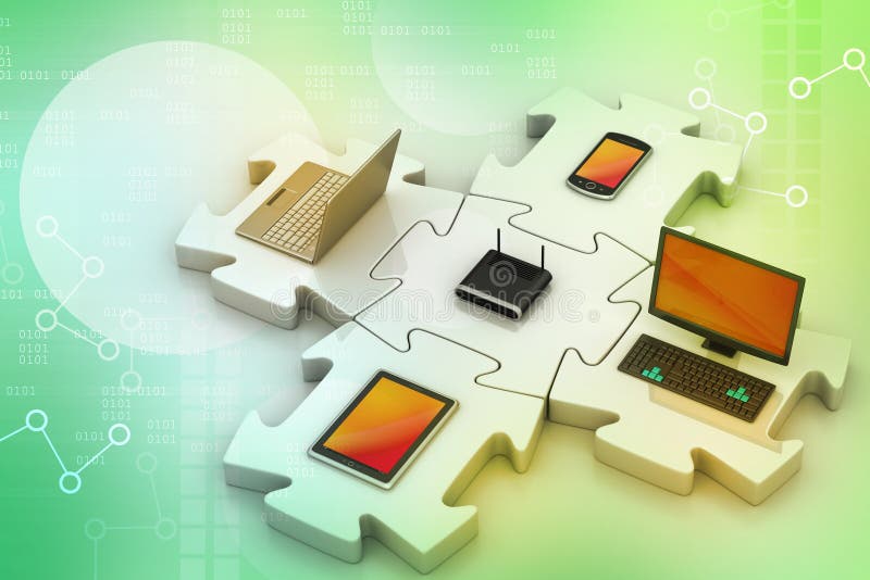 Laptop and Server Connect in Puzzles Stock Illustration - Illustration ...