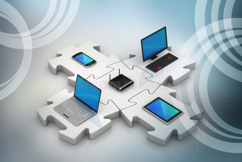 Laptop and Server Connect in Puzzles Stock Illustration - Illustration ...