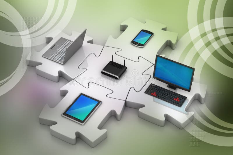 Laptop and Server Connect in Puzzles Stock Illustration - Illustration ...