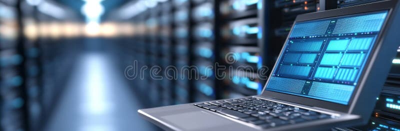 Laptop in Server Room, Upgrading Technology and Data Storage, Server ...