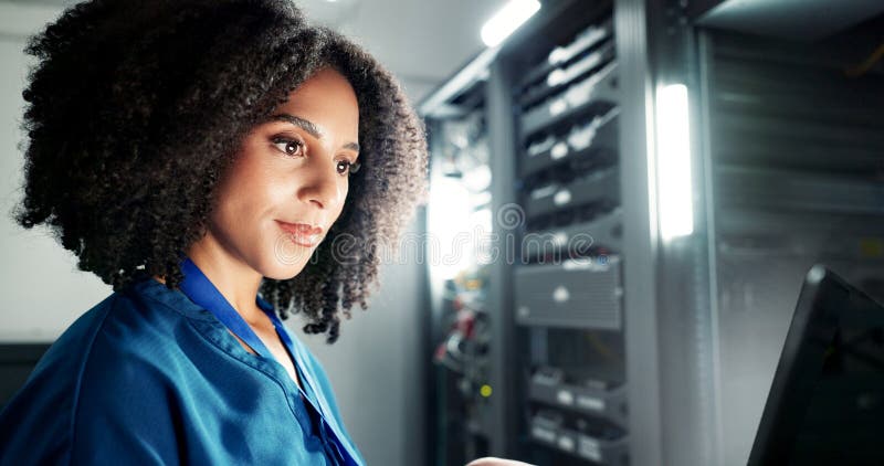 Laptop, Server Room and Woman Programming Software, Update or System ...