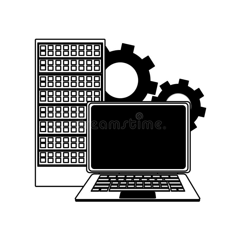 Laptop and Servers with Gears in Black and White Stock Vector ...