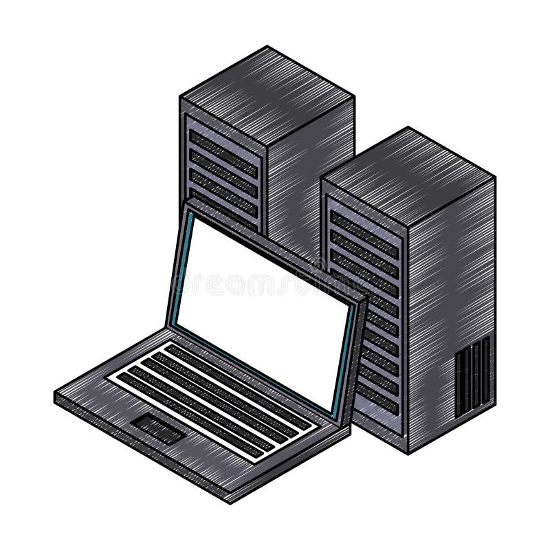 Laptop and Servers Isometric Scribble Stock Vector - Illustration of ...