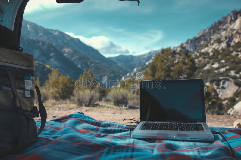 A Laptop Set Up on a Bed Inside a Campervan, with a Stunning Mountain ...