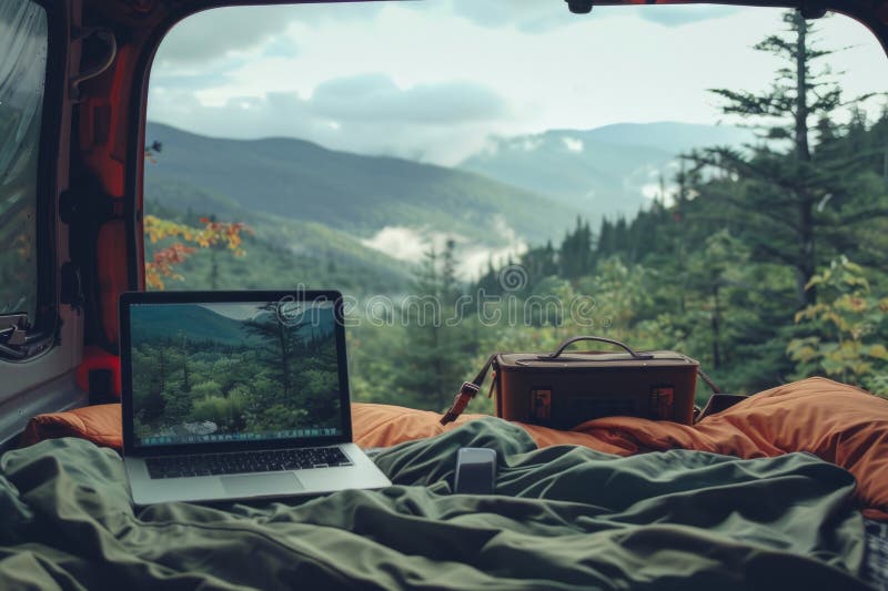 A Laptop Set Up on a Bed Inside a Campervan, with a Stunning Mountain ...
